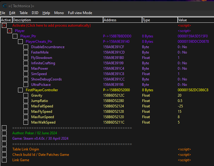 Techtonica GAME MOD Cheat Table (CT for Cheat Engine) v.27072024 ...